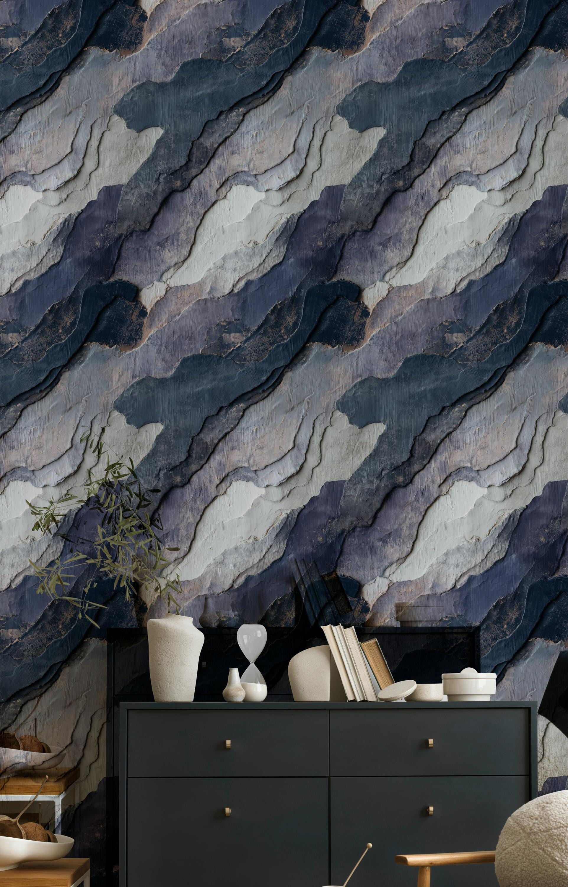 Navy Blue Stone Texture Wallpaper: Layered Abstract Peel and Stick Wall ...