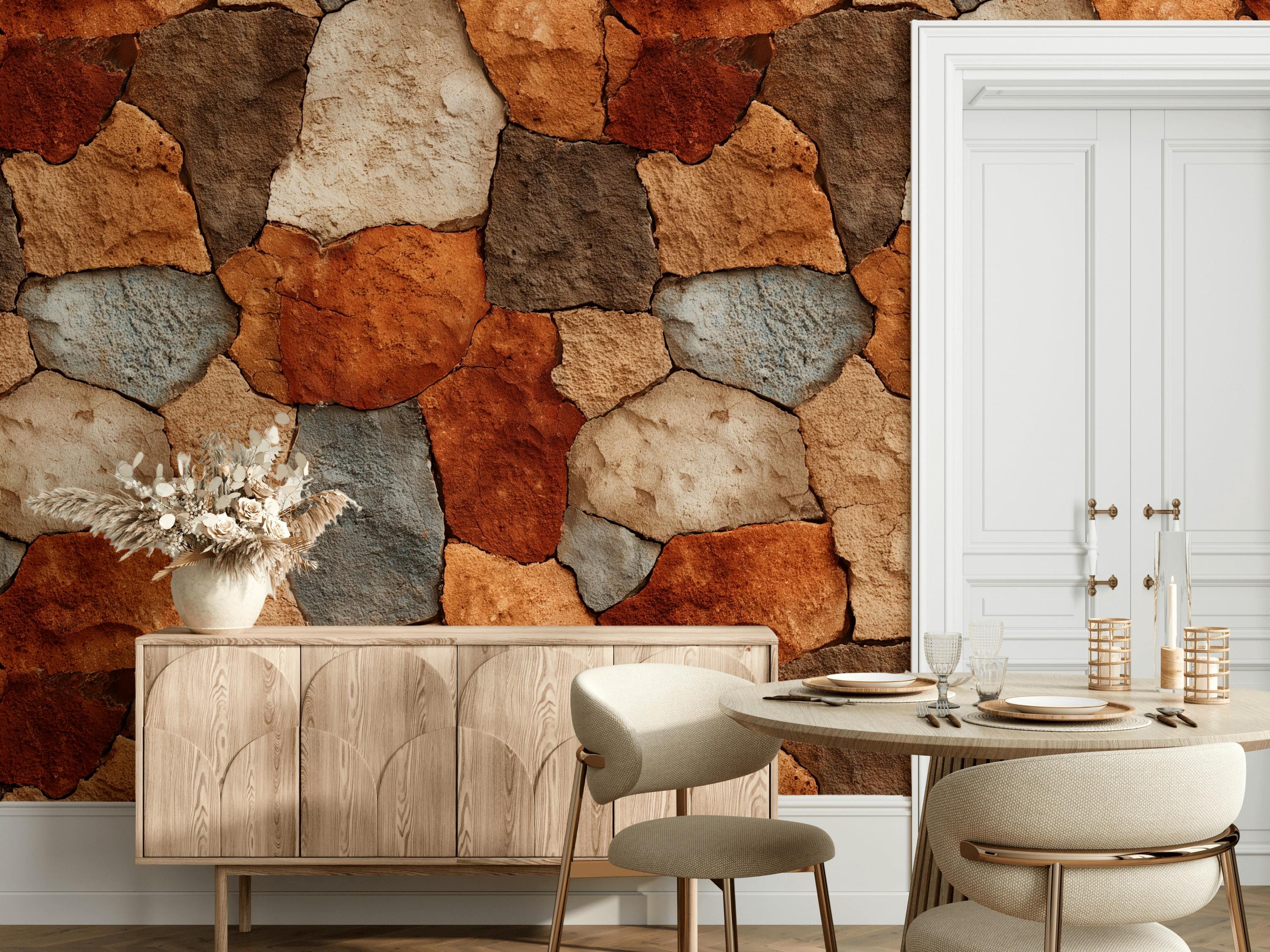 Rustic Stone Wall Wallpaper | Natural Stacked Rock Mural | Faux Stone ...