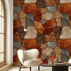 Rustic Stone Wall Wallpaper | Natural Stacked Rock Mural | Faux Stone ...