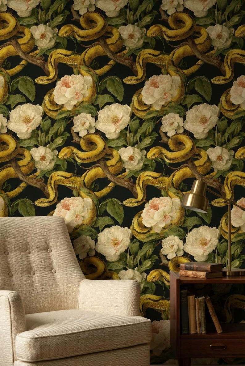 Vintage Snake Floral Wallpaper Dark Botanical Pattern Elegant Nature ...