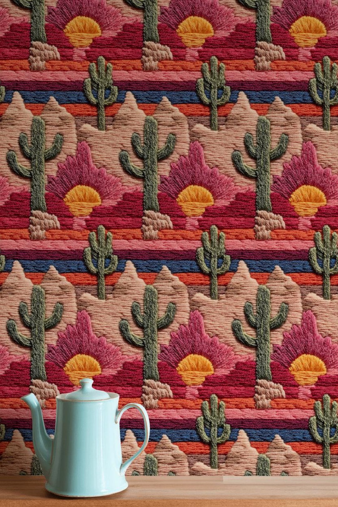 Embroidered Desert Landscape Wallpaper | Southwestern Wall Mural | Boho ...