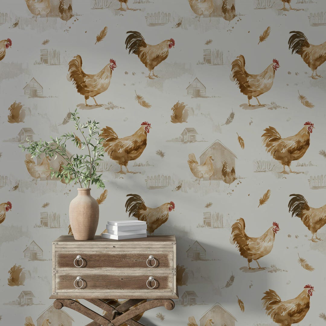 Farmhouse Rooster Chicken Wallpaper | Rustic Country Wall Mural ...