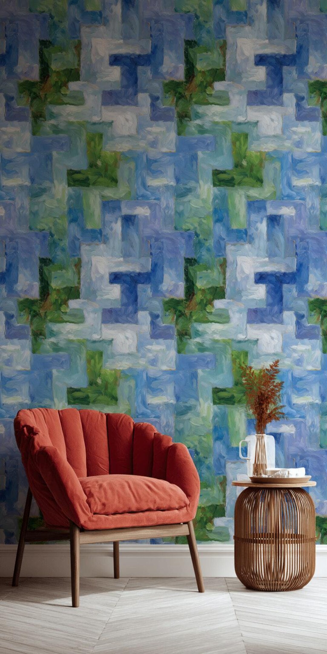 Monet Style Impressionist Mural, Textured Blue Green Block Wallpaper ...