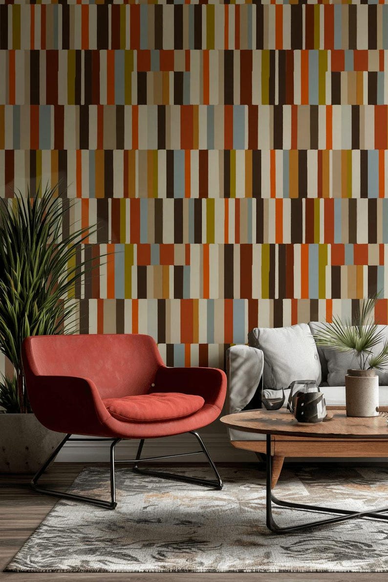 Mid-century Modern Wallpaper, Retro Color Blocks Vertical Stripe Mural ...
