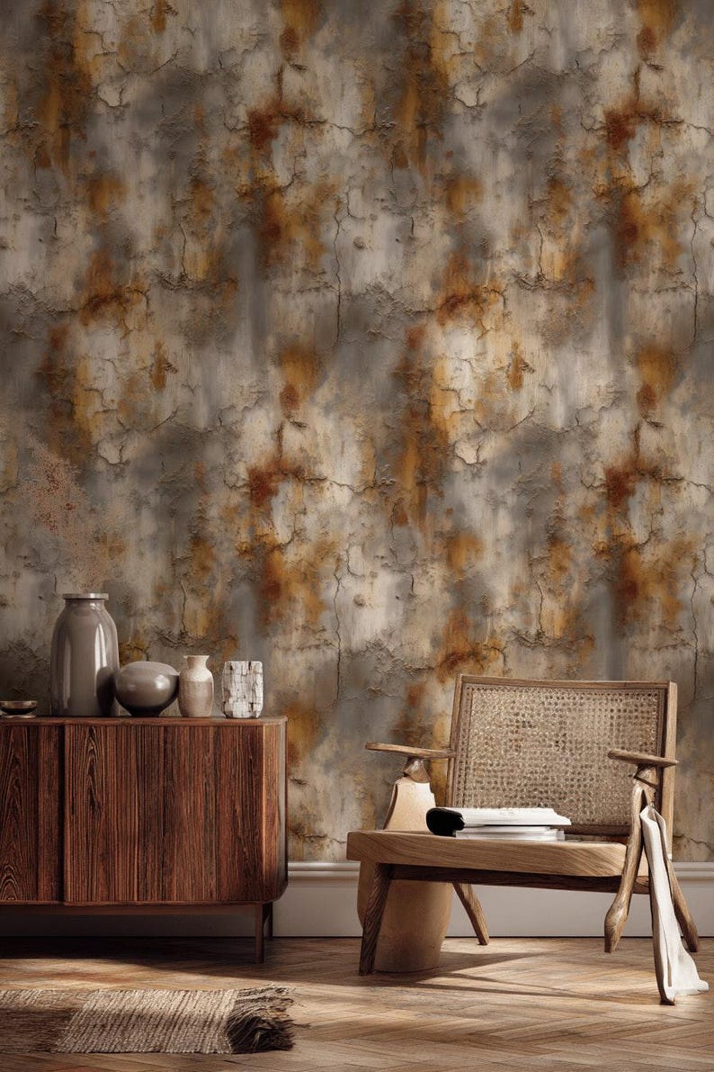 Cracked Terracotta Wallpaper Mural | Distressed Rustic Plaster Texture | Industrial Peel and ...