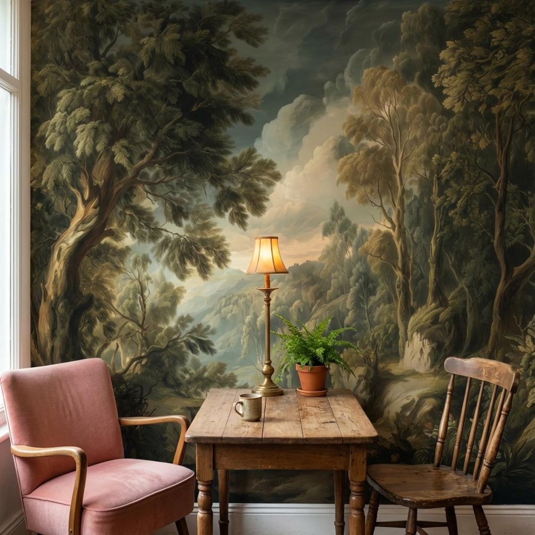 Forest Landscape Wallpaper Trees Vintage Wall Mural - Etsy