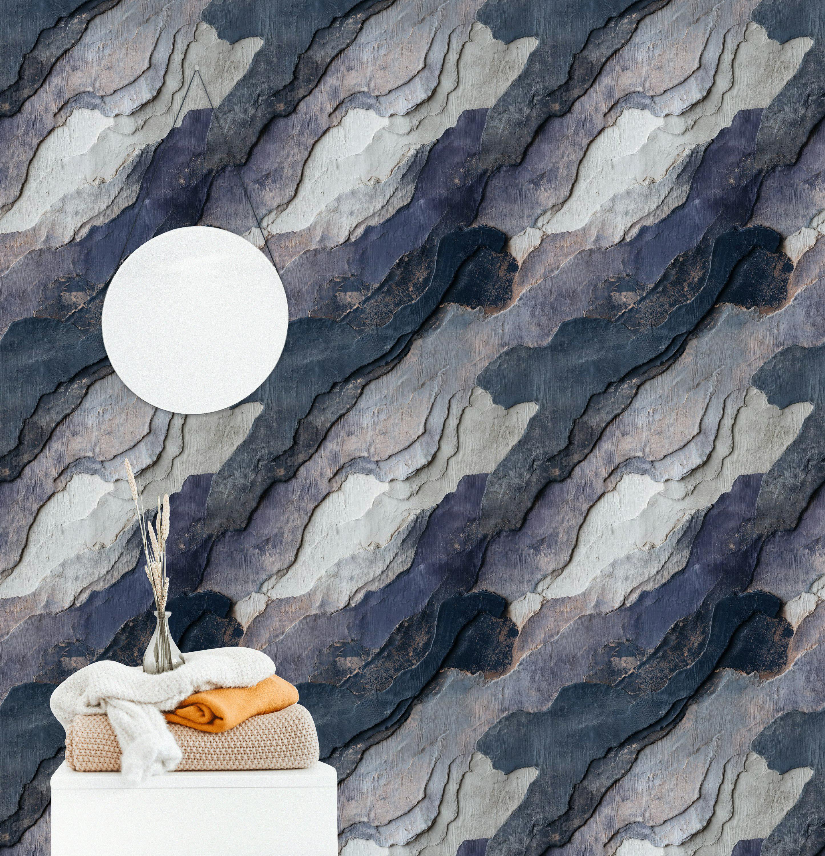 Navy Blue Stone Texture Wallpaper: Layered Abstract Peel and Stick Wall ...