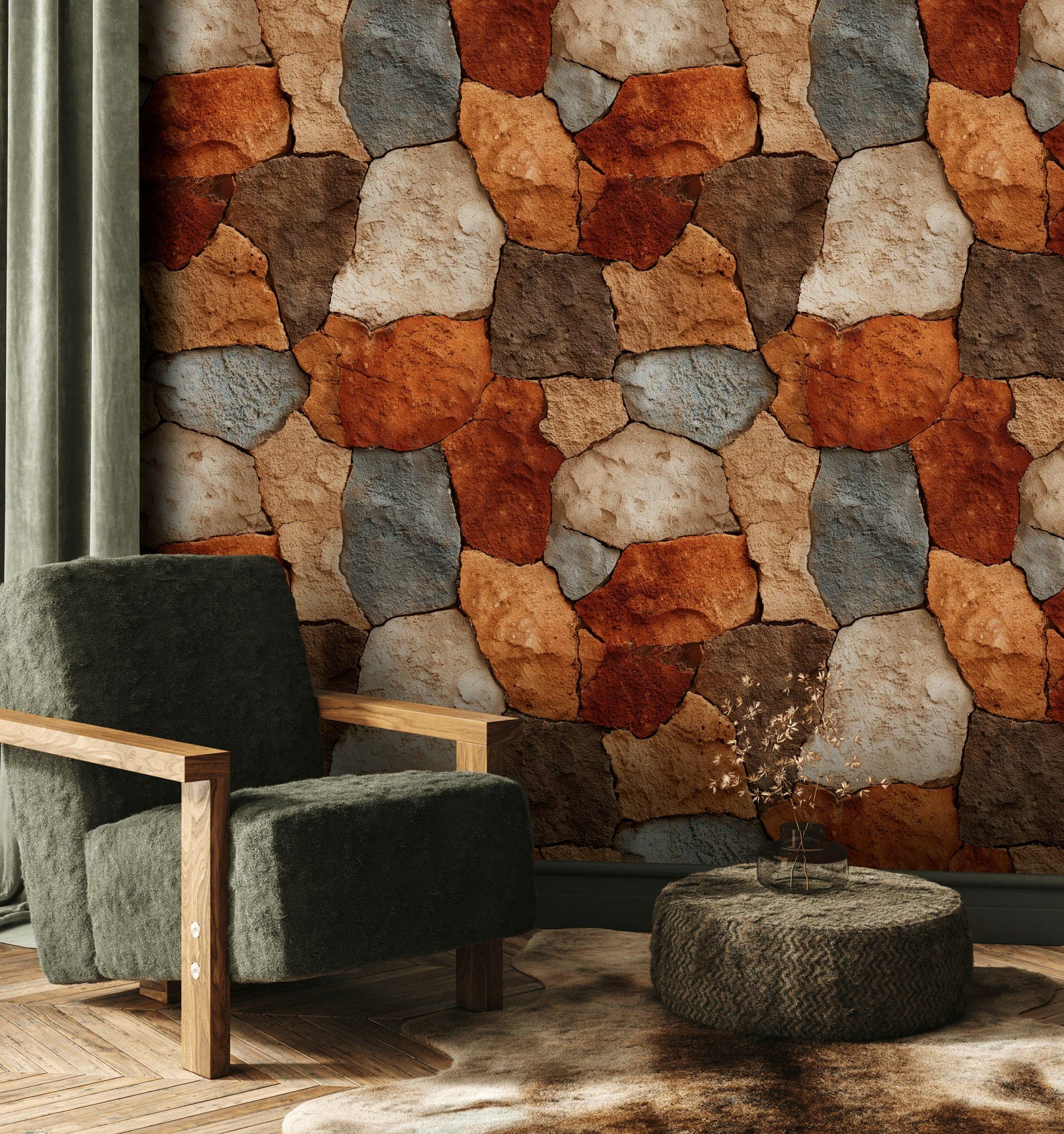 Rustic Stone Wall Wallpaper | Natural Stacked Rock Mural | Faux Stone ...
