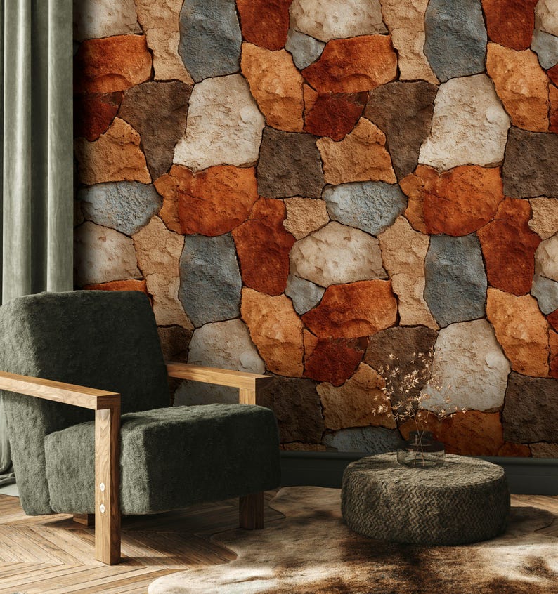 Rustic Stone Wall Wallpaper | Natural Stacked Rock Mural | Faux Stone ...