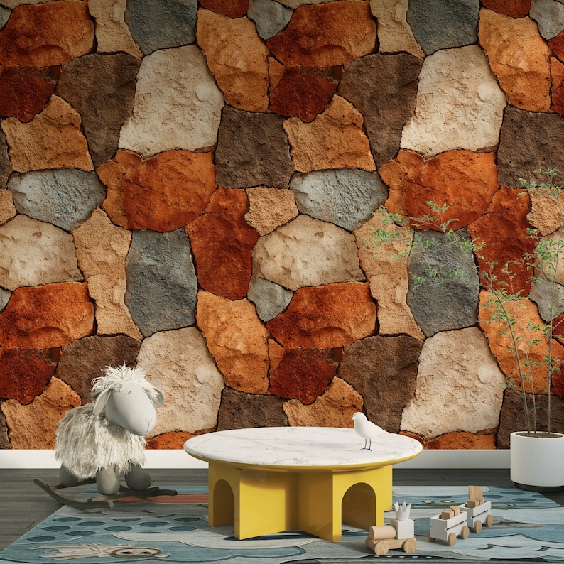 Rustic Stone Wall Wallpaper | Natural Stacked Rock Mural | Faux Stone ...