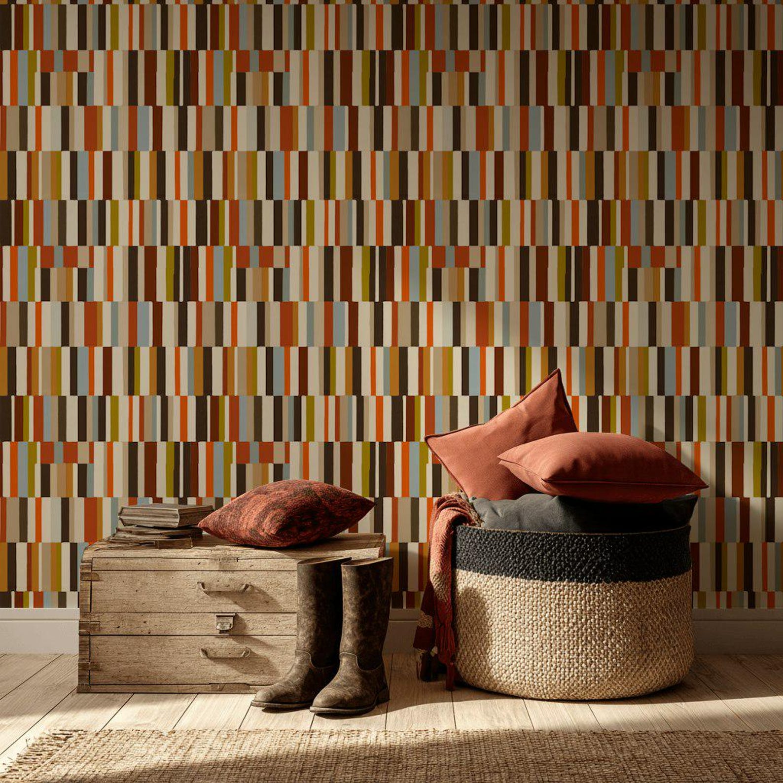 Mid-century Modern Wallpaper, Retro Color Blocks Vertical Stripe Mural ...