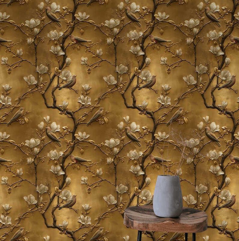 Luxury 3D Gold Leaf Wallpaper | Embossed Chinoiserie Bird Mural | Peel ...