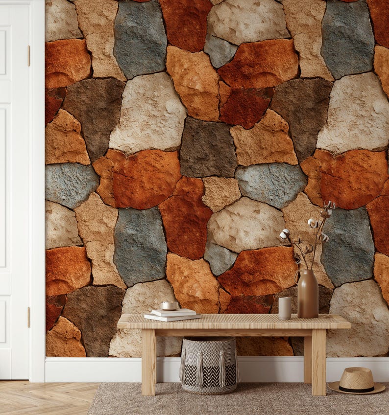 Rustic Stone Wall Wallpaper | Natural Stacked Rock Mural | Faux Stone ...