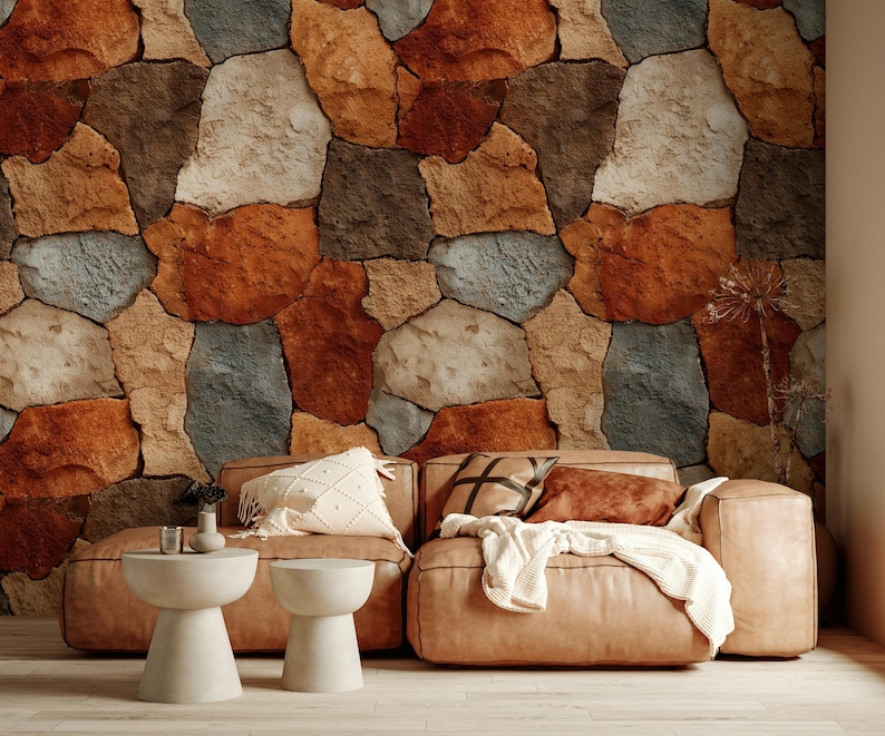 Rustic Stone Wall Wallpaper | Natural Stacked Rock Mural | Faux Stone ...