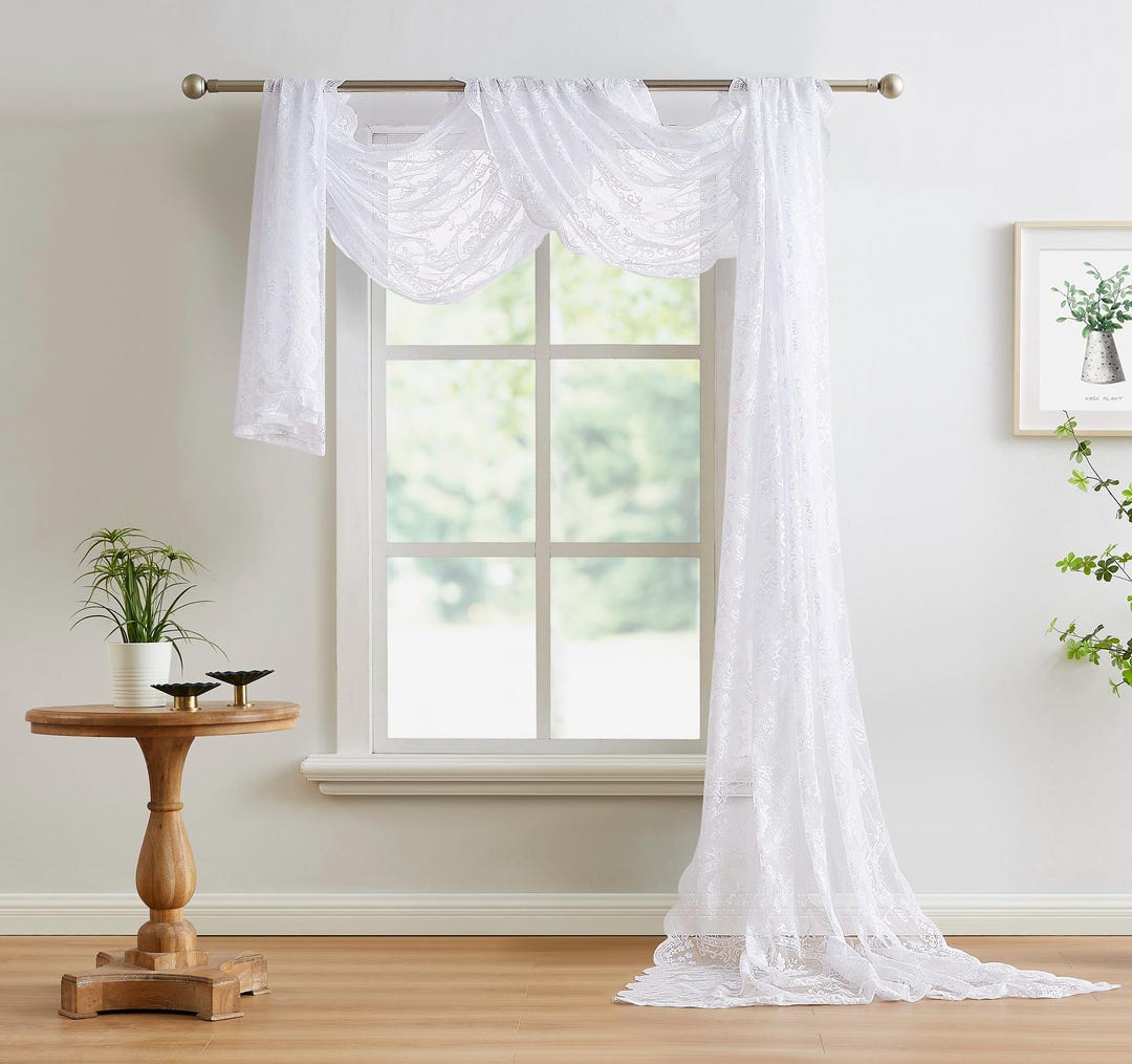 Black or White Lace Window Scarf: 54 Inch Wide Scalloped Edge in 3 ...