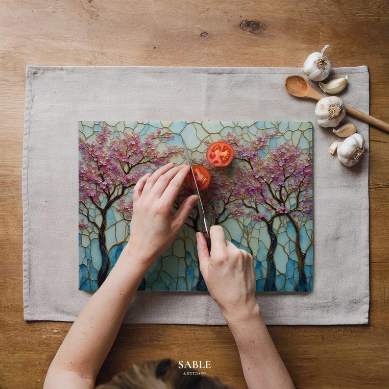 Stained Glass Style Cherry Blossom Glass Cutting Board, Pink Sakura ...