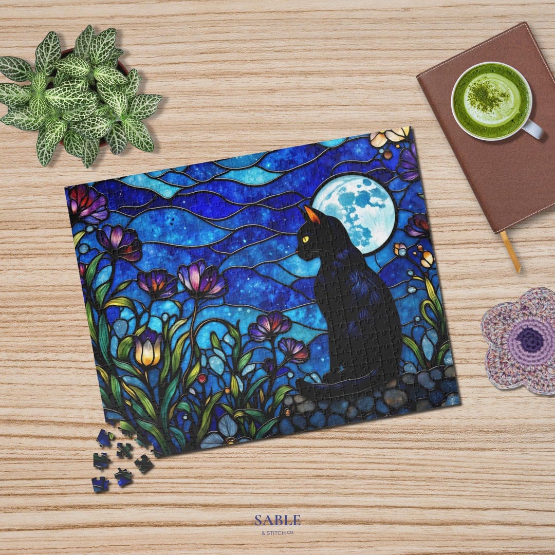 Stained Glass Black Cat Jigsaw Puzzle, Witchy Moonlit Garden, 1014, 520 ...