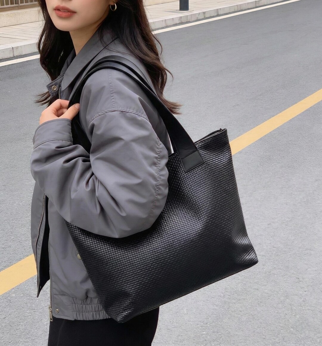 Black Genuine Leather Womens Laptop Bag, Minimalist Work Tote for Her ...