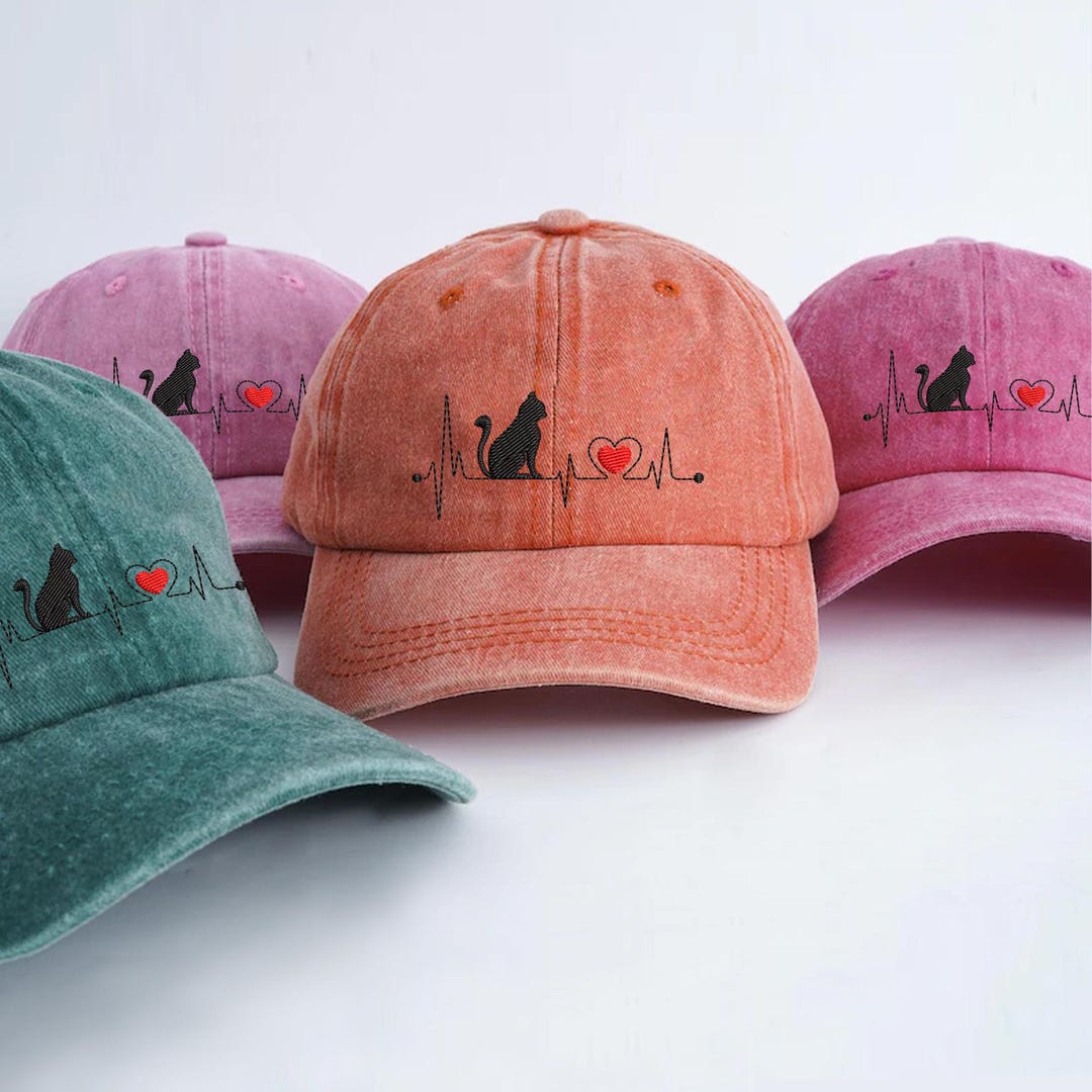 Embroidered Cat Heartbeat Silhouette Baseball Cap, Vintage Love Line ...