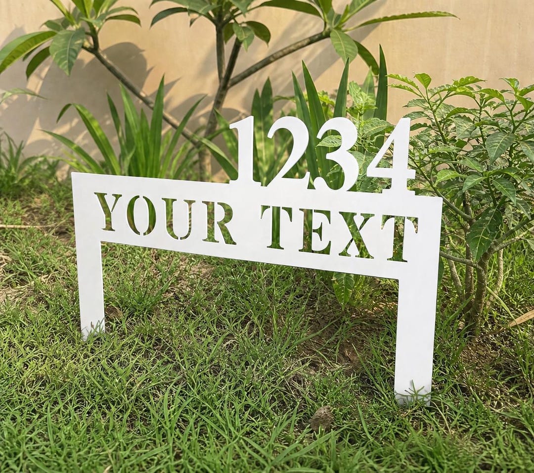 White Metal Address Marker Personalized House Number Stake Modern Yard ...