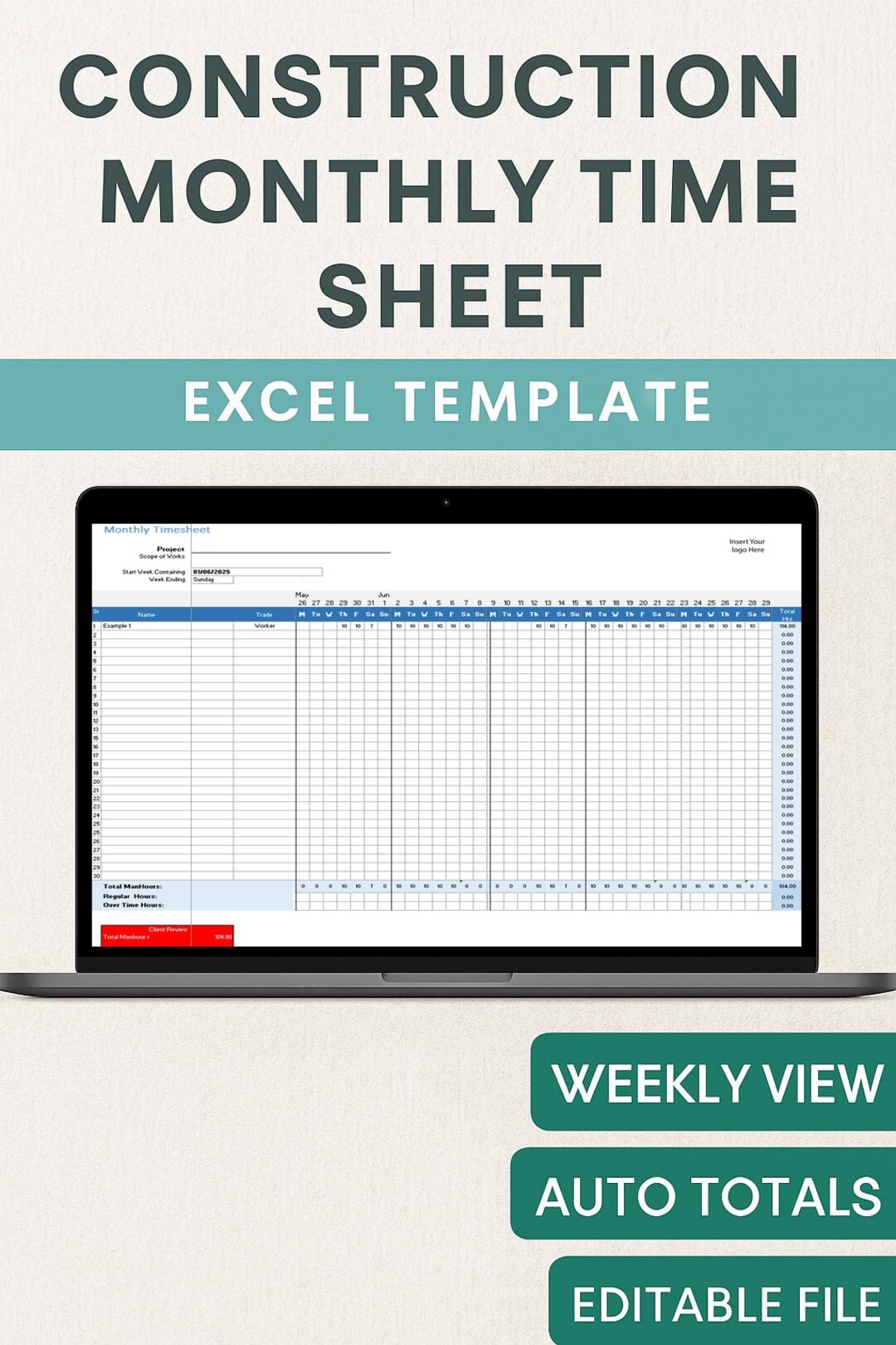 Construction Timesheet Excel Template | Monthly Site Attendance Log ...