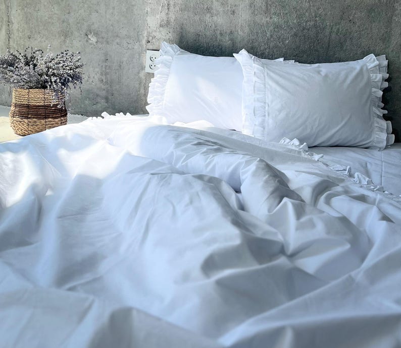 White Ruffle Bedding Set, Custom Size Options, Soft Cotton Bed Linen ...