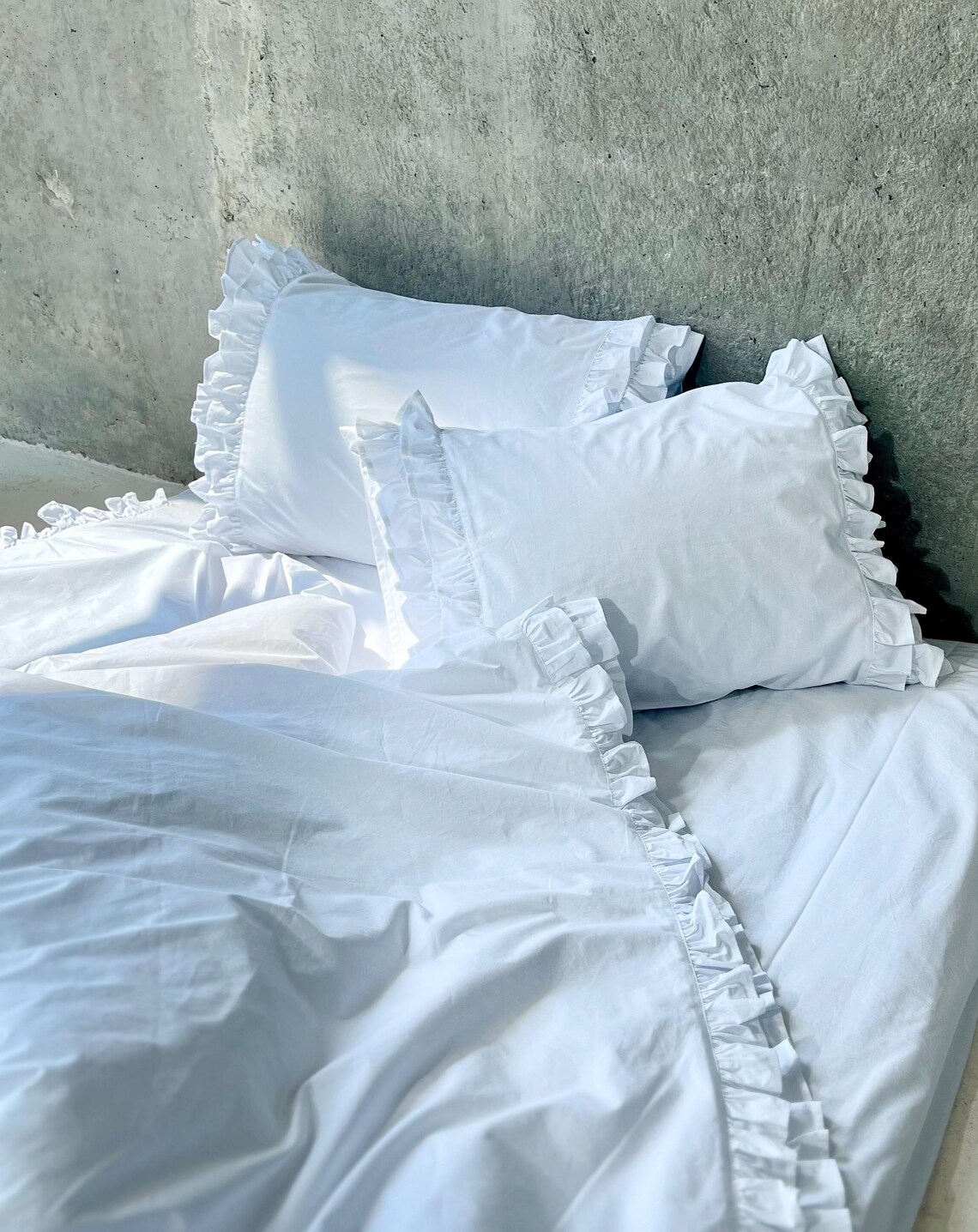 White Ruffle Bedding Set, Custom Size Options, Soft Cotton Bed Linen ...