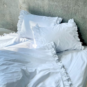 White Ruffle Bedding Set, Custom Size Options, Soft Cotton Bed Linen ...