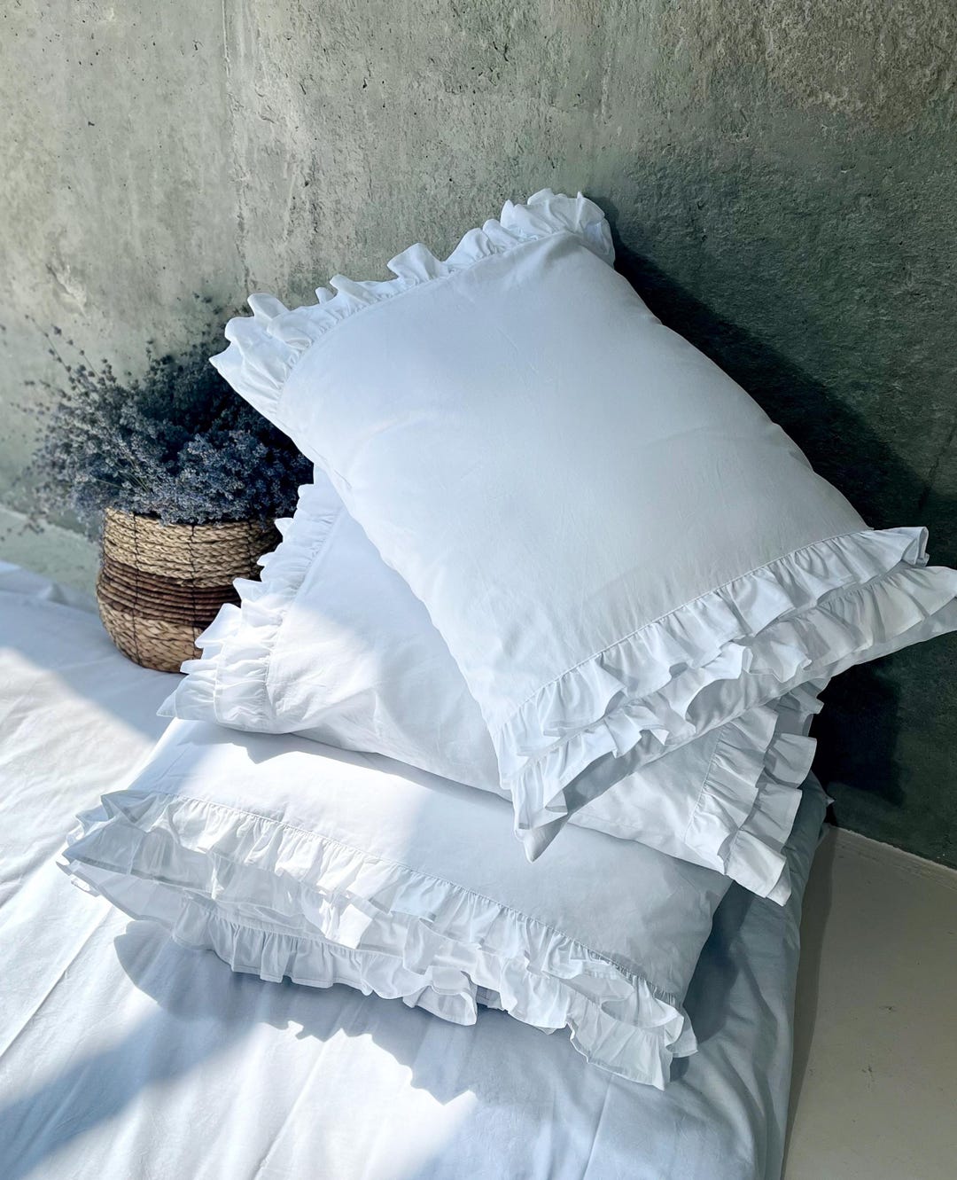 White Ruffle Bedding Set, Custom Size Options, Soft Cotton Bed Linen ...