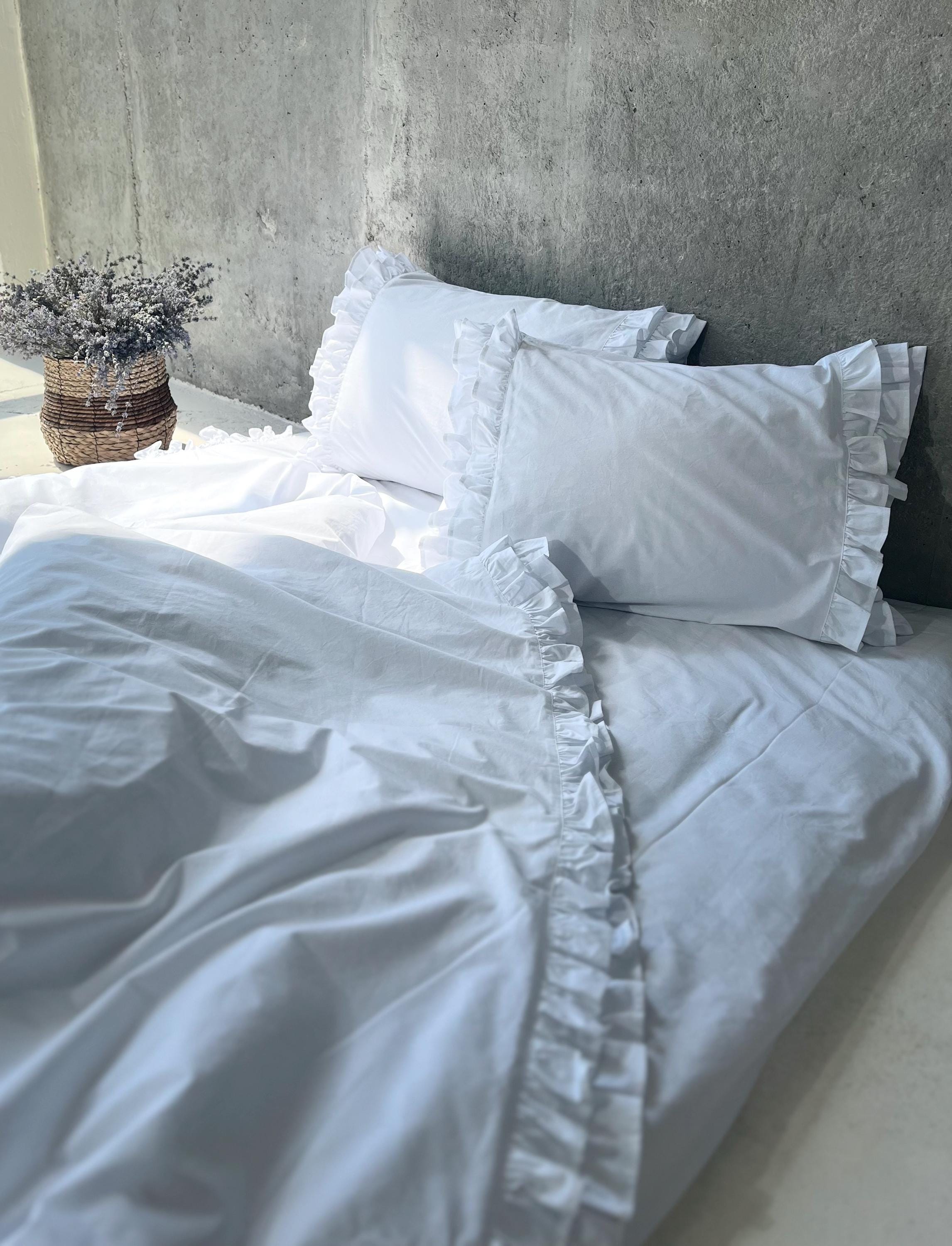 White Ruffle Bedding Set, Custom Size Options, Soft Cotton Bed Linen ...