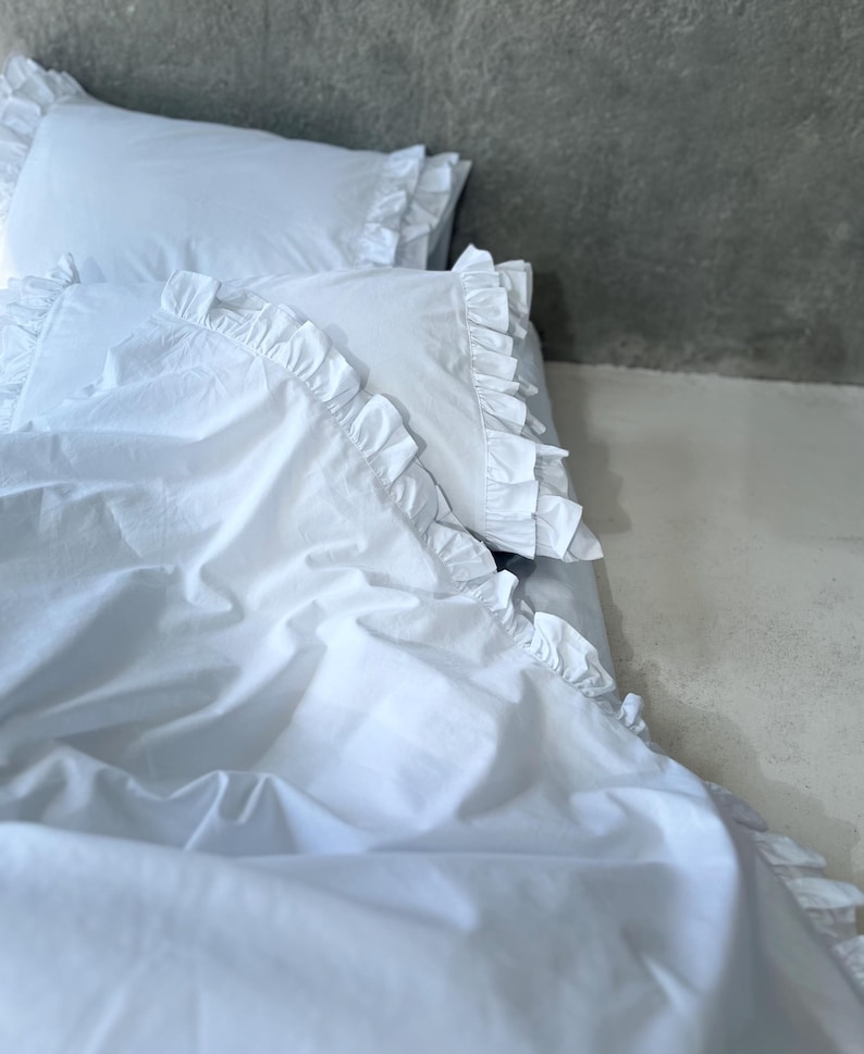 White Ruffle Bedding Set, Custom Size Options, Soft Cotton Bed Linen ...