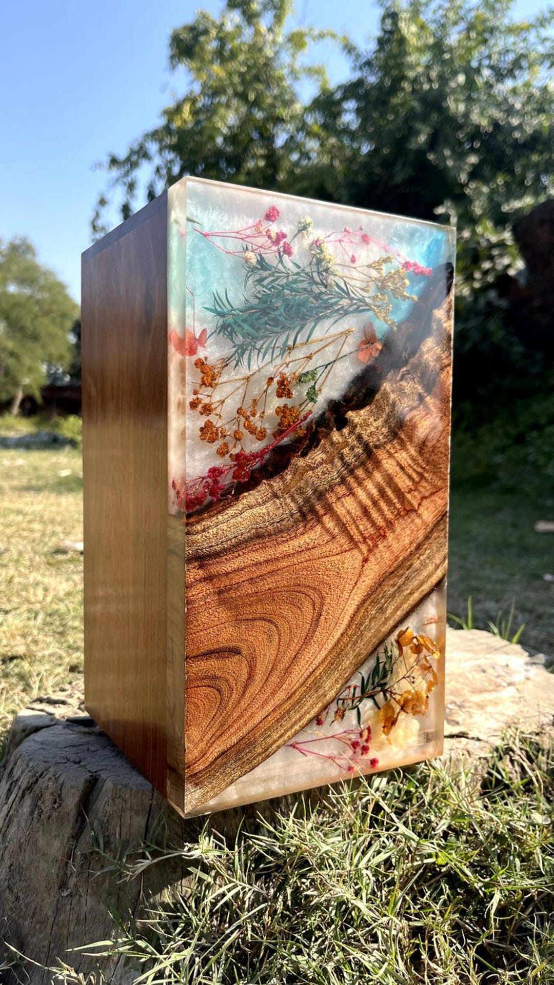 Handmade Wooden & Resin Urn Box With Dried Flowers | Memorial Urn for ...