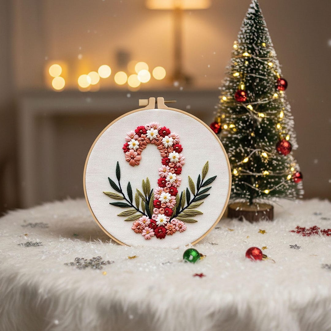 Christmas Candy Cane Embroidery Kit: DIY Festive Wreath Needlework - Etsy