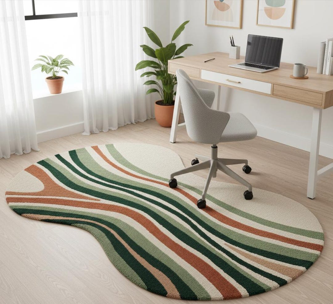 Hand Tufted Kidney Rug: Modern Green Orange Wave Area Carpet - Etsy