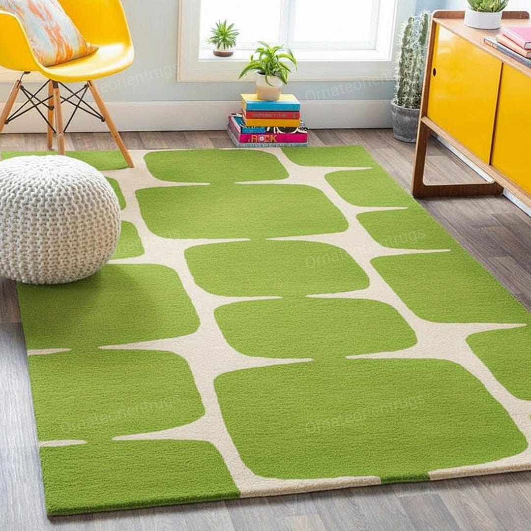 Hand-tufted Modern Moss Green Wool Rug: Geometric Scion Lokho Style 5X8 ...