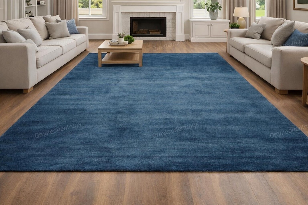 Handmade Solid Blue Area Rug | Modern Minimalist Plain Wool Carpet ...