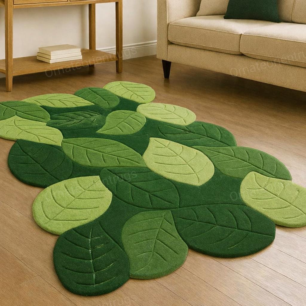 Green Leaf Shaped Kids Rug | Handmade Nature Area Rug | Soft Playroom ...