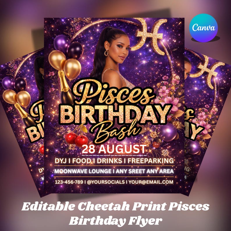 Cheetah Print Pisces Birthday Flyer for Her, Pisces Bash Flyer ...