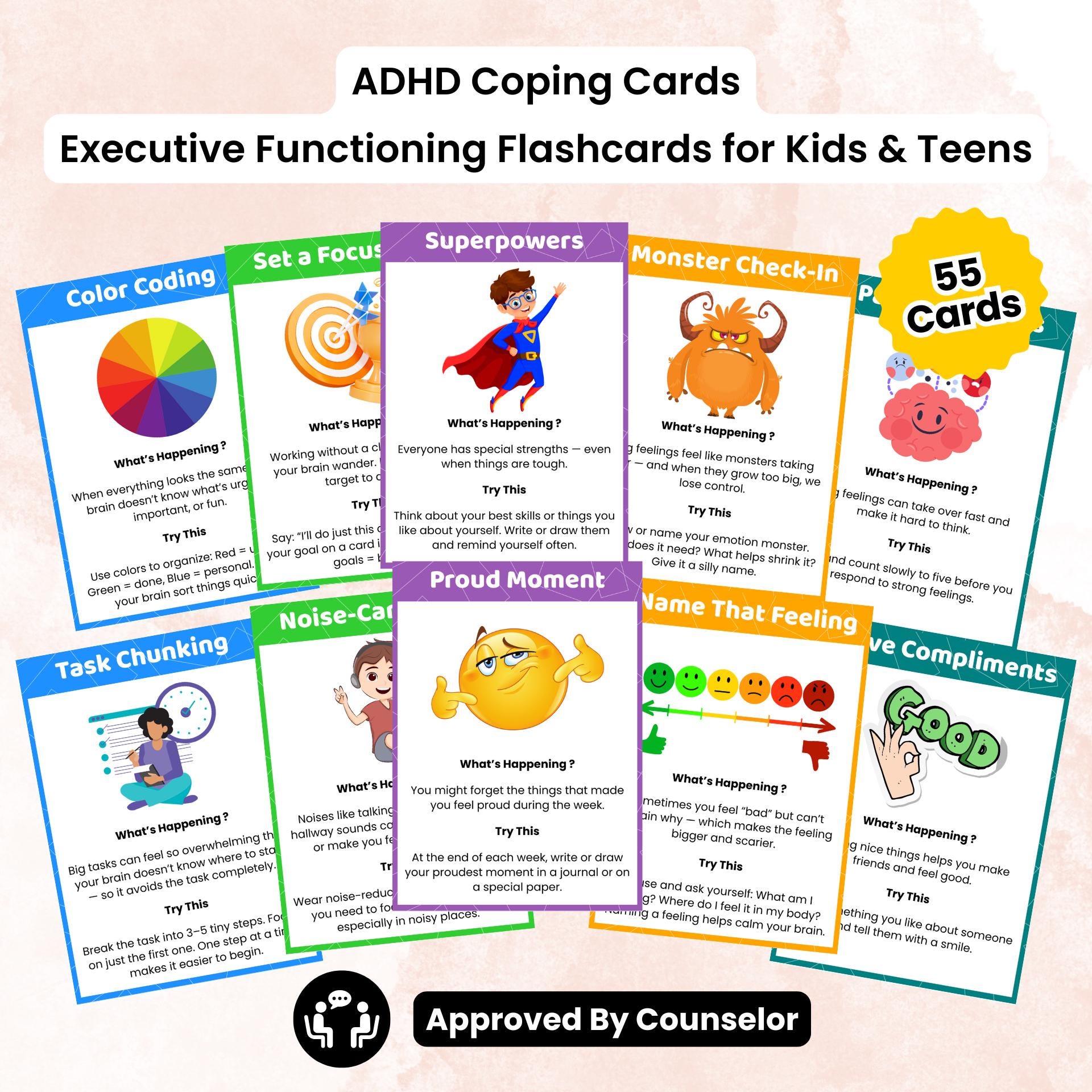 ADHD Coping Cards: Executive Functioning & SEL Flashcards, Emotional ...