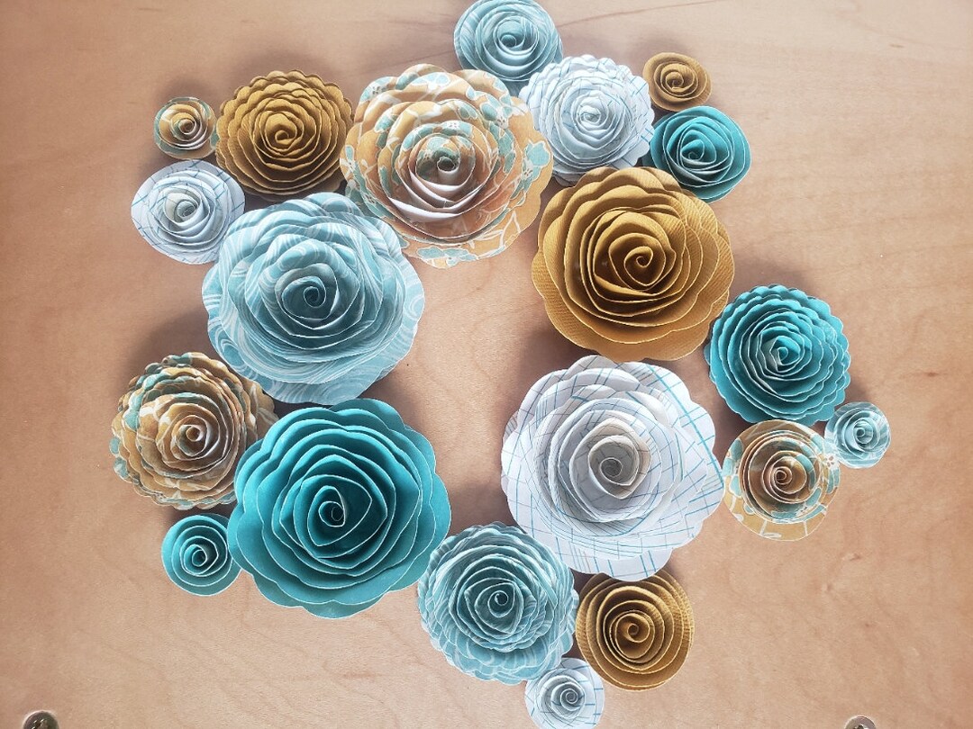 20 Teal and Mustard Paper Flowers, Golden Paper Flower, Turquoise Paper ...