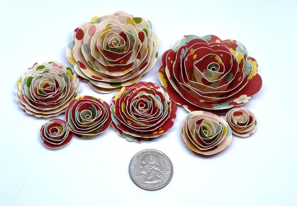 Farmhouse Paper Paper Flowers Barn Red Print Rolled Flowers - Etsy