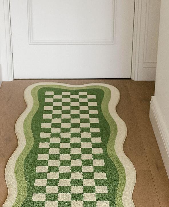 Green & Cream Wavy Checkered Rug: Tufted Boho Hallway Runner - Etsy