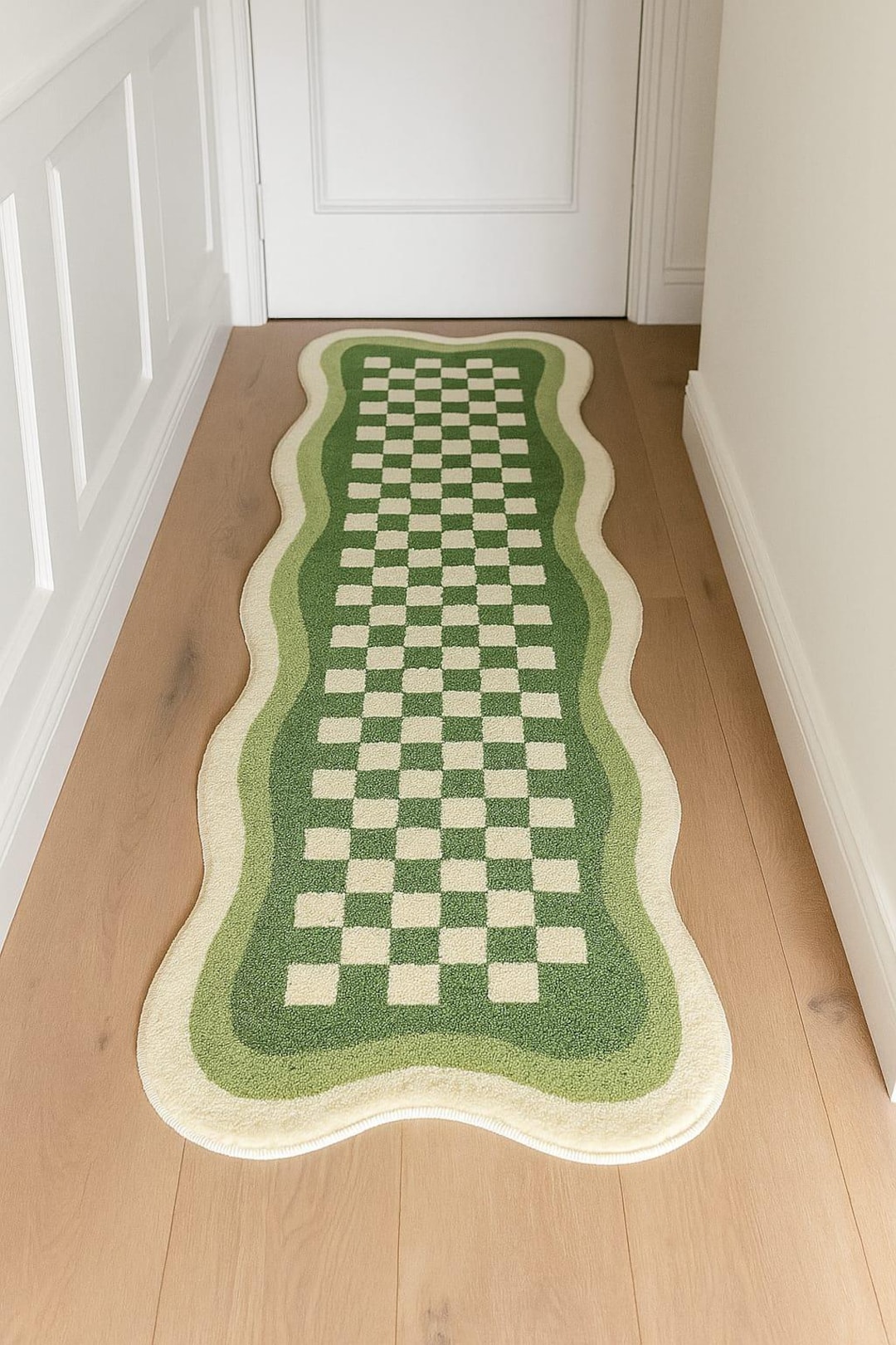 Green & Cream Wavy Checkered Rug: Tufted Boho Hallway Runner - Etsy