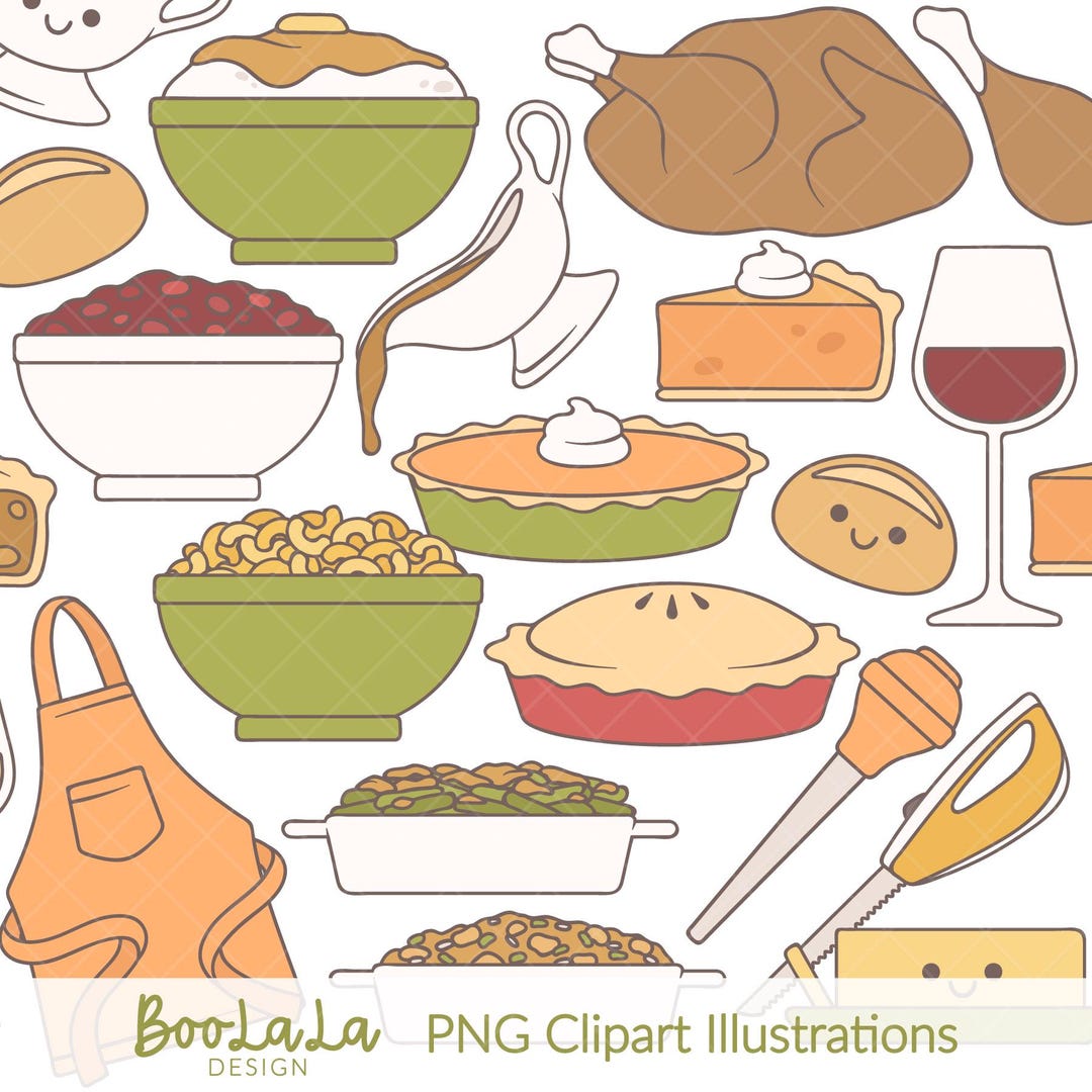 Thanksgiving Food Clipart: Cute Kawaii Fall Dinner PNG Illustrations ...