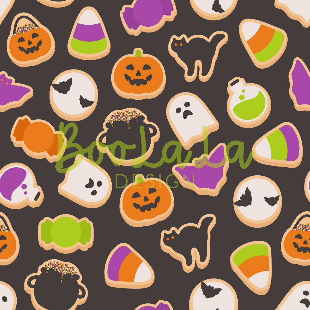 Halloween Cookie Seamless Pattern: Pumpkin, Ghost, Candy Corn (digital ...