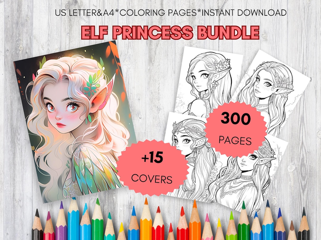 Elf Princess Coloring Pages Bundle for Kids and Adults | 300 Fantasy ...