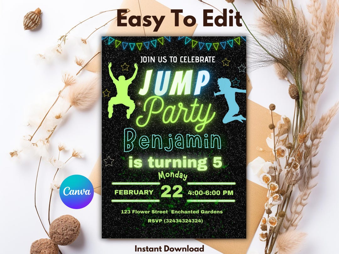 Editable Trampoline Park Birthday Invitation Party Themed Template Card ...