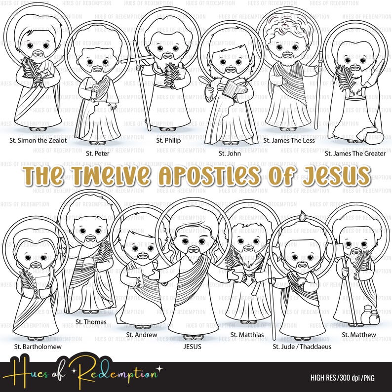 Twelve Apostles Clipart: Jesus Disciples Line Art (PNG Digital Download ...