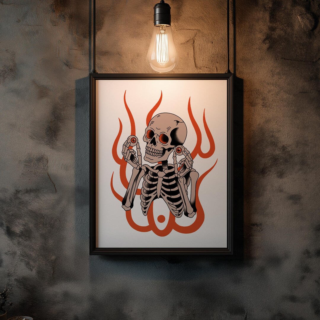 Flaming Skeleton Art Print – Tattoo Flash Style Poster | Skeleton Wall ...