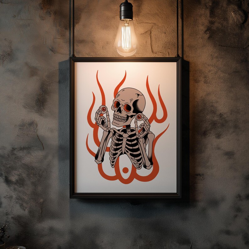 Flaming Skeleton Art Print – Tattoo Flash Style Poster | Skeleton Wall ...